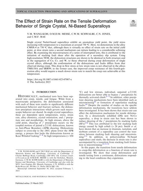 Pdf The Effect Of Strain Rate On The Tensile Deformation Behavior Of Single Crystal Ni Based