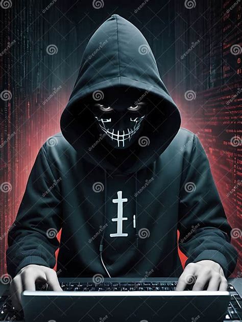 Hacker Wearing The Anonymous Mask And Hoodie On Dark Binary Code