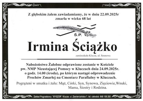 Pogrzeb śp Irminy Ściążko L 68 24092025 Klucze Informacje
