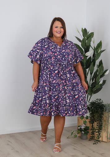 Plus Size Short Sleeve Dress In Purple Floral Curvaceous