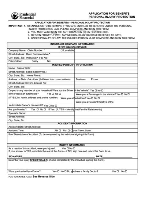 Form Pcd 4016nj Application For Benefits Personal Injury Protection