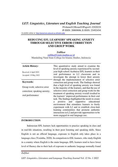 Pdf Reducing Efl Learners Speaking Anxiety Through Selective Error Correction And Group Work