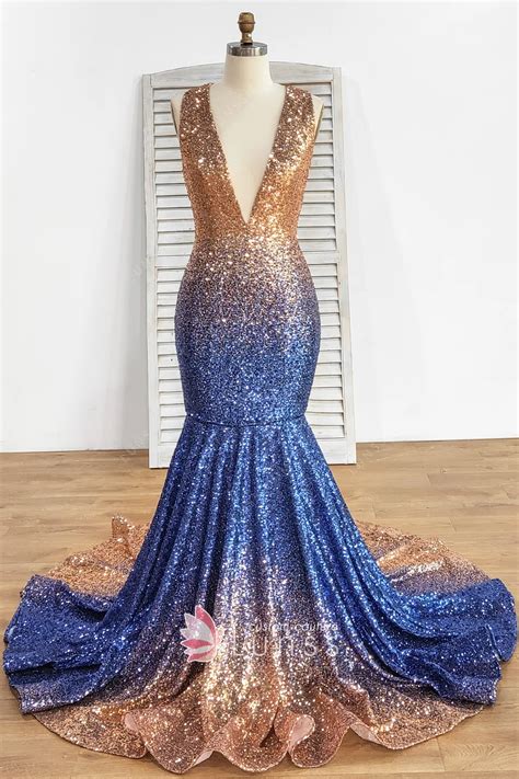 Dazzling Gold And Blue Ombre Sequin Trumpet Prom Dress Lunss