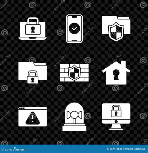 Set Laptop And Lock Smartphone Document Folder Protection Browser With Exclamation Mark