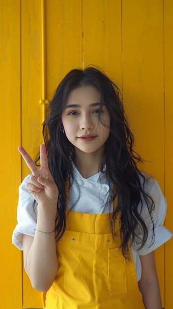 A Girl With Long Hair Is Making A Peace Sign Premium AI Generated Image