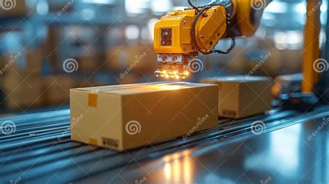 Automated Robotic Arm Handling Package On Conveyor Stock Illustration Illustration Of