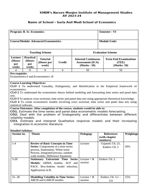 Course Outlineadvanced Econometricssemvi 23 24 Pdf Time Series