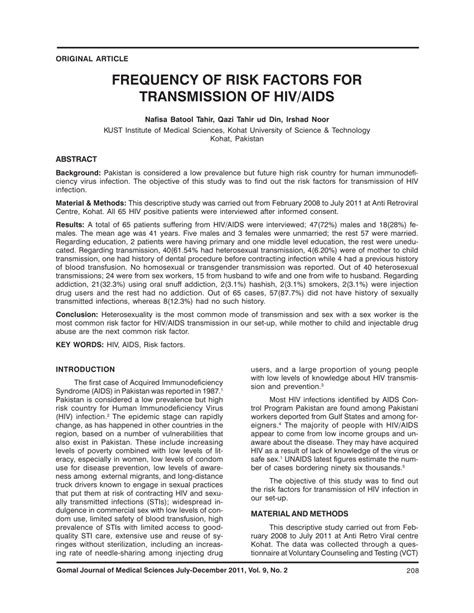 Pdf Frequency Of Risk Factors For Transmission Of Hivaids