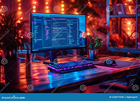 Computer Monitor Showing Programming Code On Desk In Cozy Room Stock