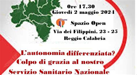 Autonomia Differenziata 2 Maggio 2024 Anpi Reggio Calabria Locandina