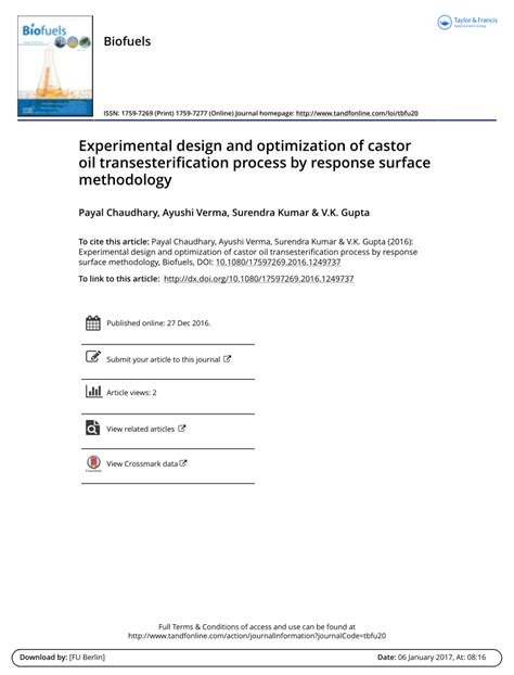 Pdf Experimental Design And Optimization Of Castor Oil Transesterification Process By Response