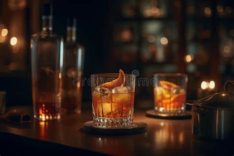 Elegant Fancy Old Fashioned Orange Cocktail In A Bar Close Up Of A