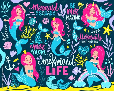 Cute Mermaids Illustrations Vector Collection Lettering Quotes Adorable Cartoon Characters