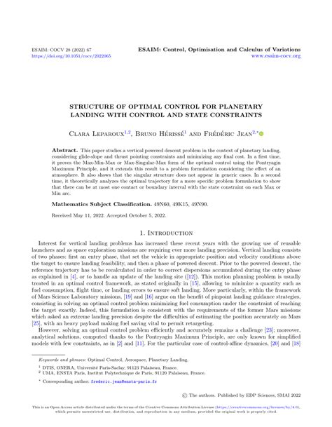 Pdf Structure Of Optimal Control For Planetary Landing With Control