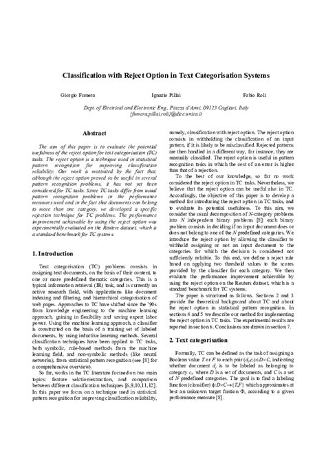 Pdf Classification With Reject Option In Text Categorisation Systems