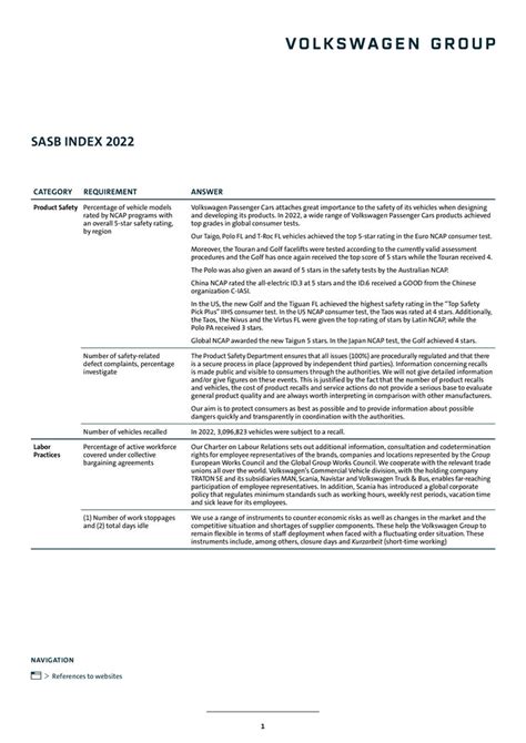 Sasb Index 2022 Volkswagen Group Sasb Index 2022 Volkswagen Group