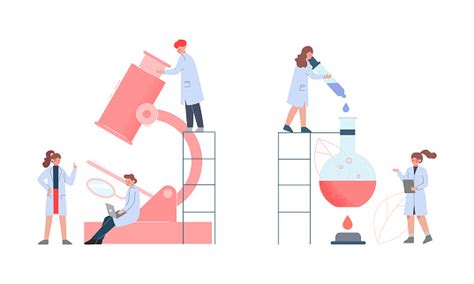 거대한 실험실 장비 벡터 세트와 화학 연구를하고 흰색 코트에 작은 사람들 문자와 실험실의 과학자 과학에 대한 스톡 벡터 아트 및