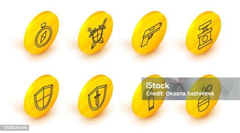 세트 라인 손 수류탄 총알 칼과 중세 방패 방패 다이너마이트 권총 총 교차 칼과 나침반 아이콘에 대한 장치 기폭장치를 처리합니다 벡터 권총에 대한 스톡 벡터 아트 및 기타