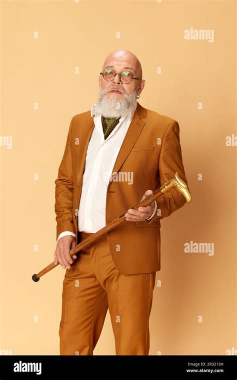Portrait Of Bearded Mature Bald Man In Elegant Classical Suit Posing