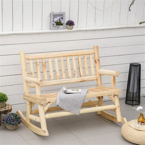 Natural Wood 2 Seater Rocking Bench Loveseat Rustic Style