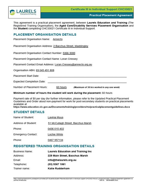 Chc33021 Practical Placement Agreement V2 Lavinia Annecto Download