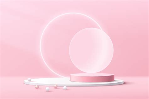 달콤한 분홍색 흰색 실린더 받침대 연단 기하학적 모양 플랫폼 서클 네온 배경 최소한의 벽 장면 파스텔 컬러 추상룸 제품