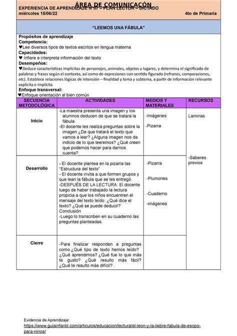 Leemos Lllllllllllllllllllll Experiencia De Aprendizaje N°07 Plan