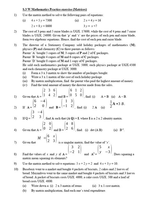 Matrices Exercise Frid 6th Oct 2023 Pdf Matrix Mathematics Equations
