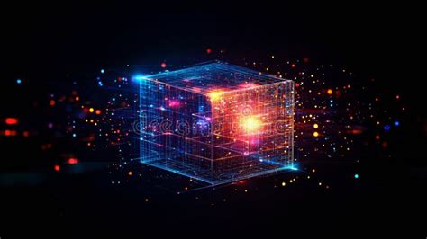 a digital data cube in a dark futuristic cyberspace illuminated by