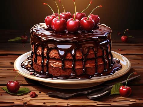 Slice Of Chocolate Cake On Wooden Platter Premium Ai Generated Image