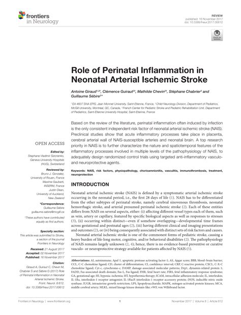 Pdf Role Of Perinatal Inflammation In Neonatal Arterial Ischemic Stroke
