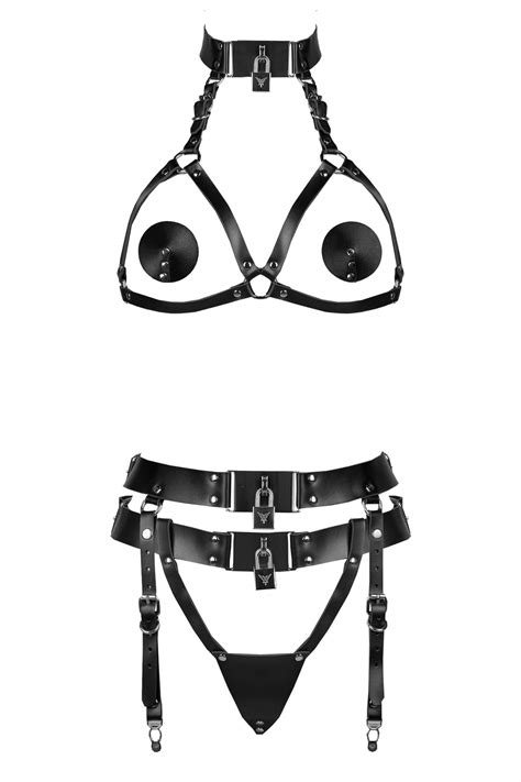 Lock Black Leather Lingerie Set • Voyeurx • Made In The Netherlands Darkest Fox