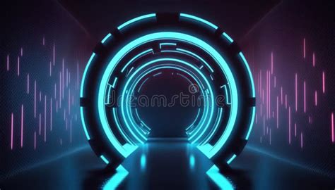 Glowing Neon Ring Light In Tunnel 3d Render Stock Illustration