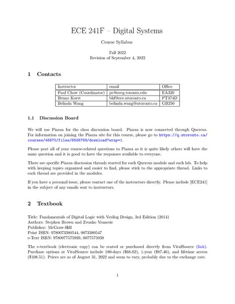 ECE241 Courseinfo Syllabus ECE 241F Digital Systems Course Syllabus Fall 2022 Revision Of