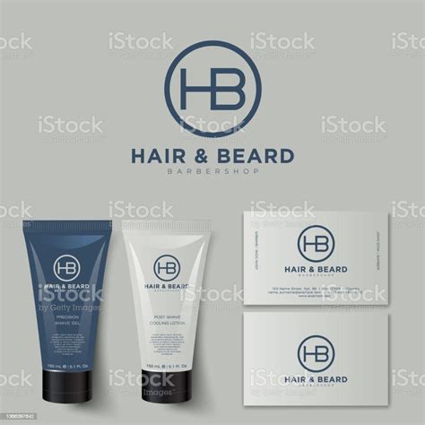 이발소 엠블럼과 아이덴티티 편지 H 및 편지 B 남성 화장품 기업 스타일 명함 튜브 크림 모의 과학자에 대한 스톡 벡터 아트 및
