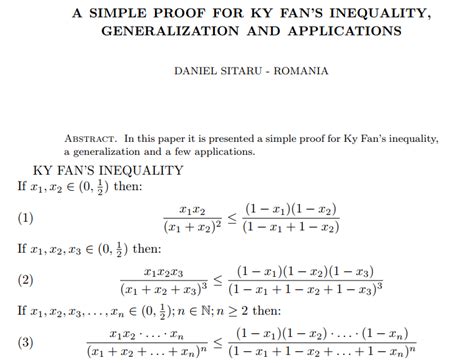 A Simple Proof For Ky Fans Inequality Generalization And Applications Romanian Mathematical