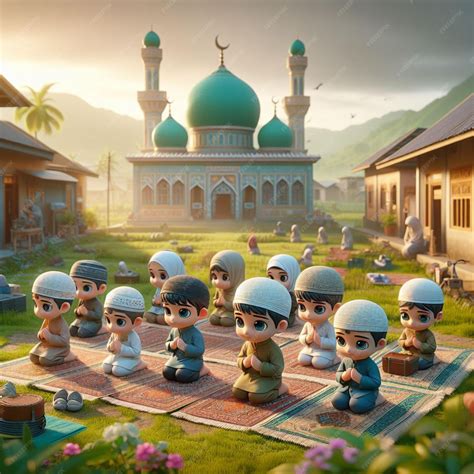 Premium Photo 3d Chibi Muslims Praying Eid Fitr In Mosque In The
