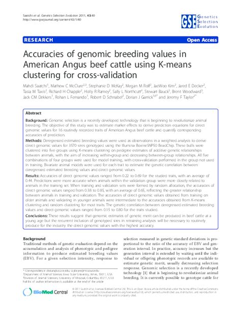 Pdf Accuracies Of Genomic Breeding Values In American Angus Beef Cattle Using K Means