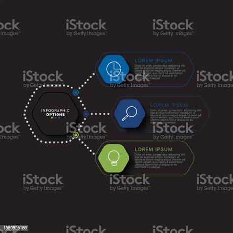 검은 색 배경에 평평한 색상의 세 육각형 사실적 요소와 현대 인포 그래픽 템플릿 개념 8단계로 비즈니스 프로세스 정보 시각화 데이터 벡터 Eps10 개념에 대한 스톡 벡터