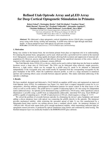Pdf Refined Utah Optrode Array And Led Array For Deep Cortical Optogenetic Stimulation In