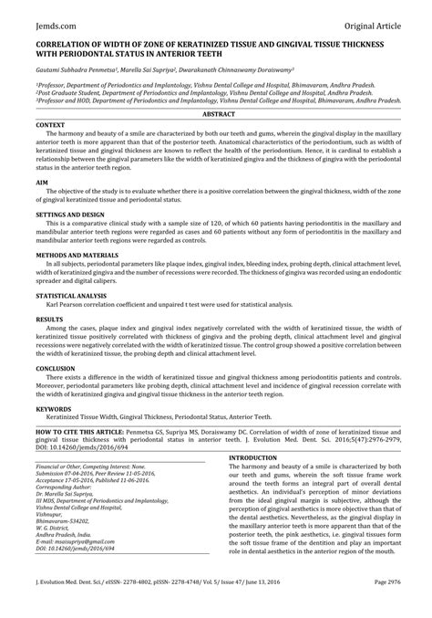 Pdf Correlation Of Width Of Zone Of Keratinized Tissue And Gingival Tissue Thickness With
