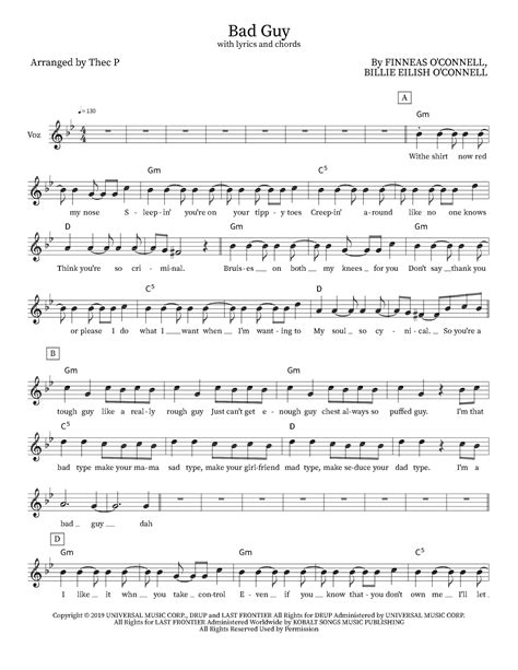 Bad Guy Arr Thec P By Billie Eilish Sheet Music For Piano Chords