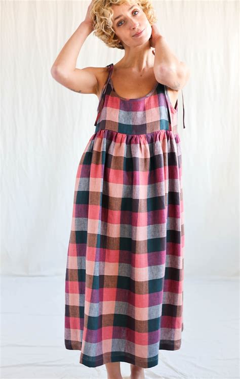 Loose Tie Strap Linen Sundress In Checks Handmade By Offon Etsy