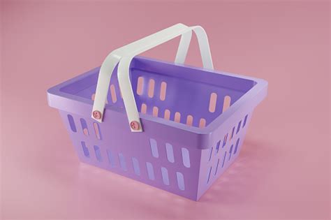 보라색 슈퍼 마크 바구니 또는 식료품 두 개의 흰색 손잡이가 있는 양동이 분홍색 배경에 격리된 현실적인 쇼핑 카트 빈 장바구니