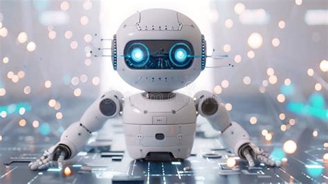 White Robot Standing In Front Of Blue And White Background Stock