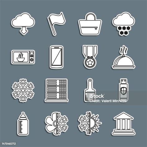 세트 라인 은행 건물 Usb 플래시 드라이브 및 방패 음식 핸드백 스마트 폰 휴대 전화 전자 레인지 클라우드 다운로드 및 메달 별 아이콘의 트레이로 덮여 있습니다 벡터