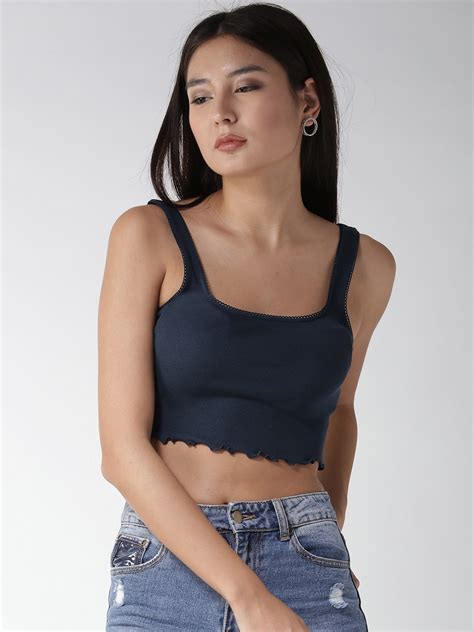 Buy Forever 21 Women Navy Blue Solid Fitted Crop Top Tops For Women