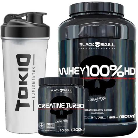 Kit Black Skull Whey 100 Hd 900g Pote Creatina Turbo 300g Pote