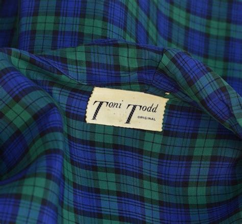 1950s Toni Todd Plaid Blue Green Rhinestone Button Sh Gem