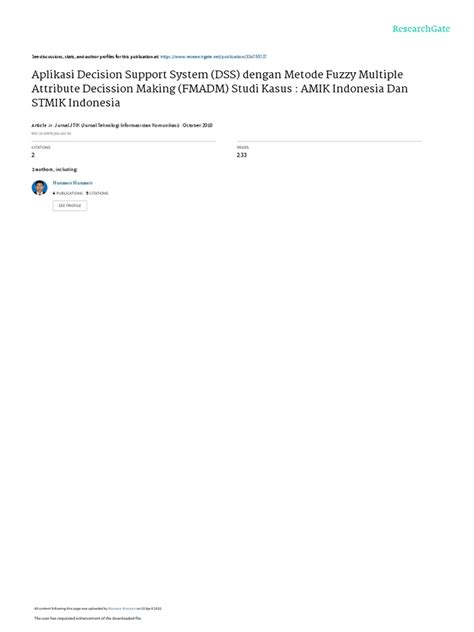 Aplikasi Decision Support System Dss Dengan Metode Pdf Pdf Decision